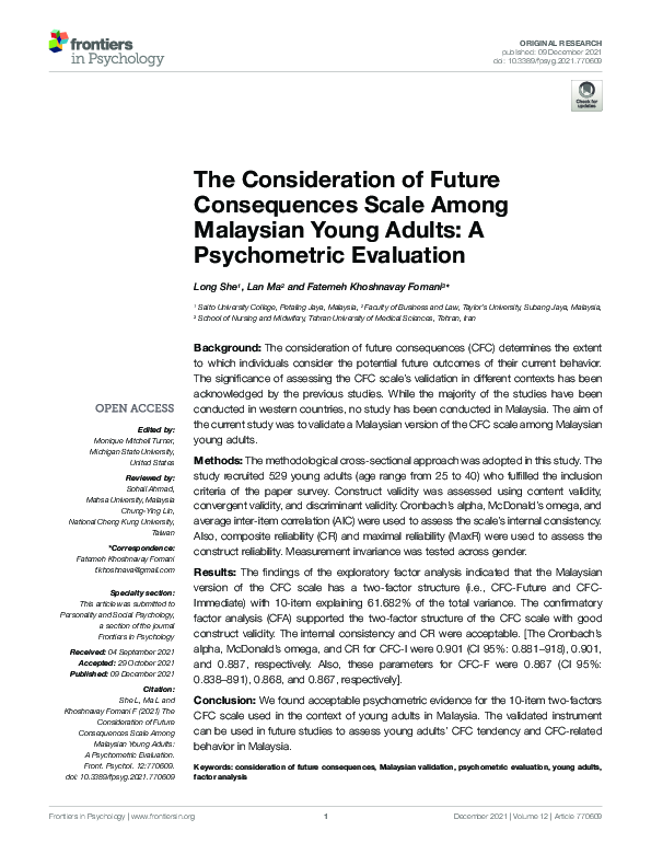 (PDF) The Consideration of Future Consequences Scale Among Malaysian ...