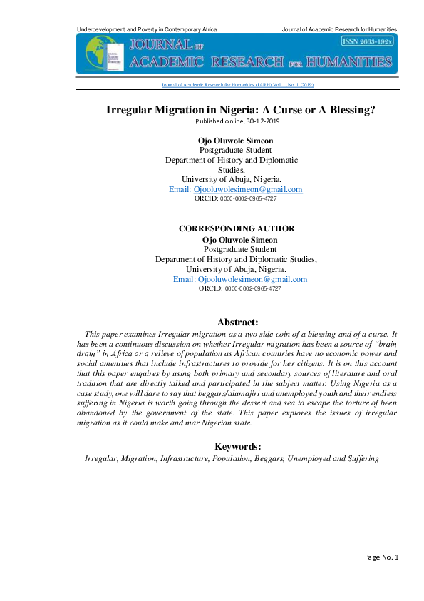 (PDF) Irregular Migration in Nigeria: A Curse or A Blessing