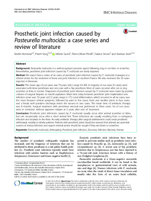 (PDF) Prosthetic joint infection caused by Pasteurella multocida: a case series and review of ...