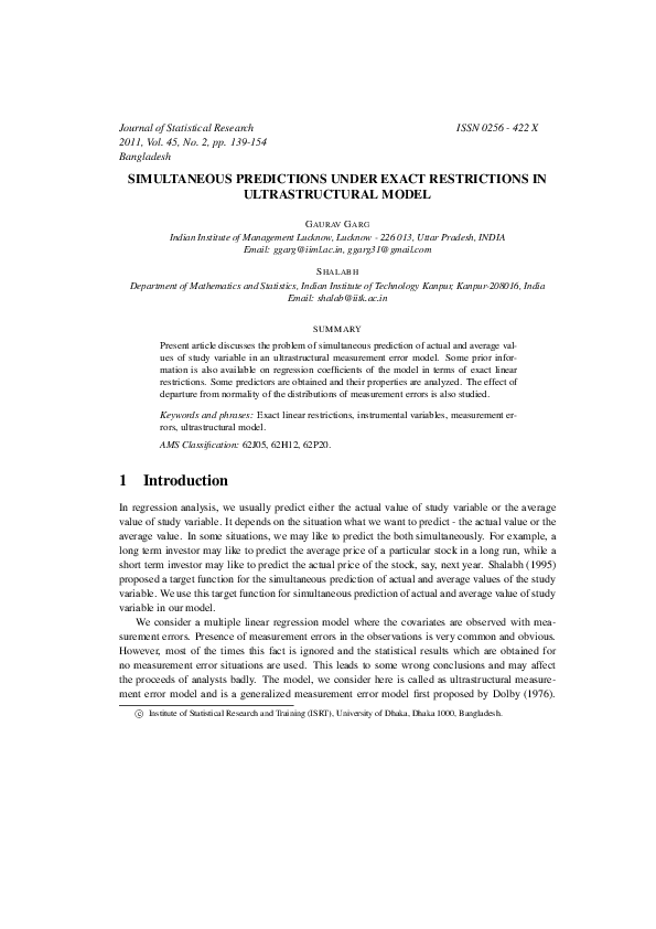 (PDF) Simultaneous Predictions under Exact Restrictions in Ultrastructural Model