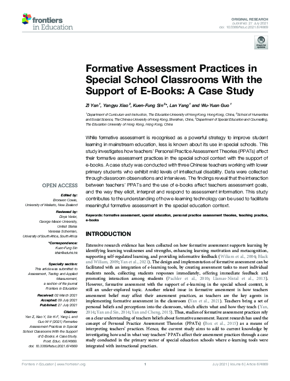 (PDF) Formative Assessment Practices in Special School Classrooms With ...