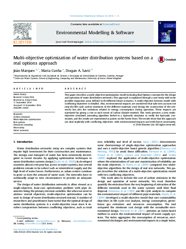 Pdf Multi Objective Optimization Of Water Distribution Networks