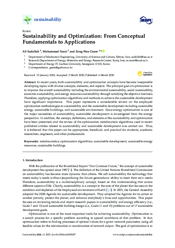 (PDF) Sustainability and Optimization: From Conceptual Fundamentals to Applications
