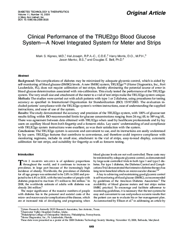 (PDF) Clinical Performance of the TRUE2go Blood Glucose System—A Novel ...