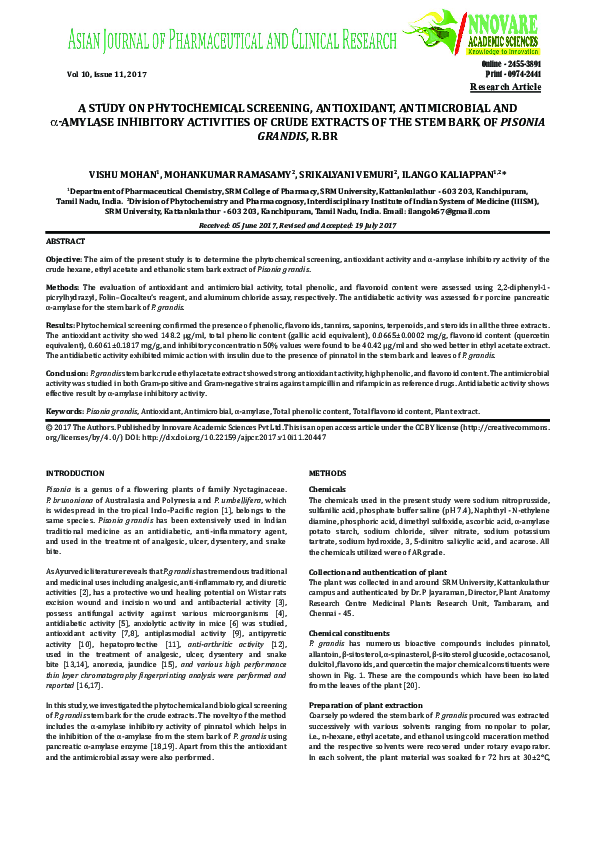 (PDF) A Study on Phytochemical Screening, Antioxidant, Antimicrobial and Α-Αmylase Inhibitory ...