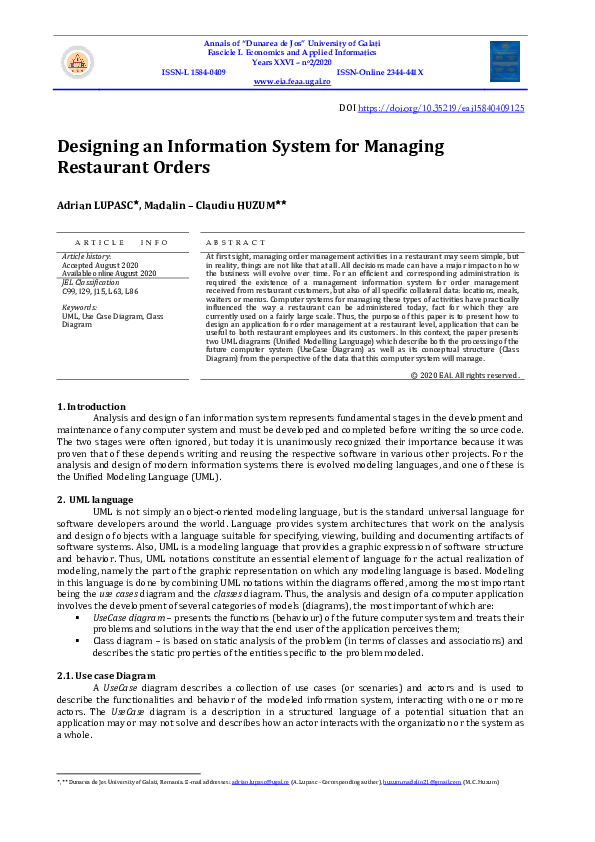 (PDF) Designing an Information System for Managing Restaurant Orders