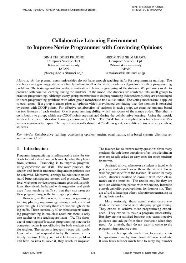 (PDF) Collaborative Learning Environment to Improve Novice Programmers with Convincing Opinions ...