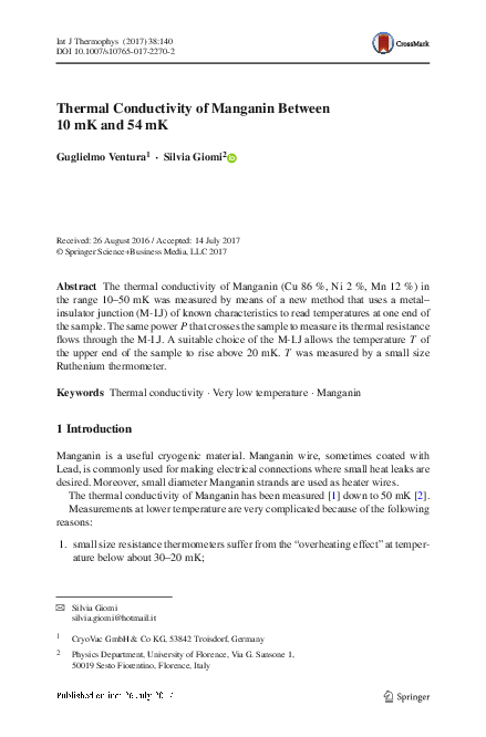 (PDF) Thermal Conductivity of Manganin Between 10 mK and 54 mK