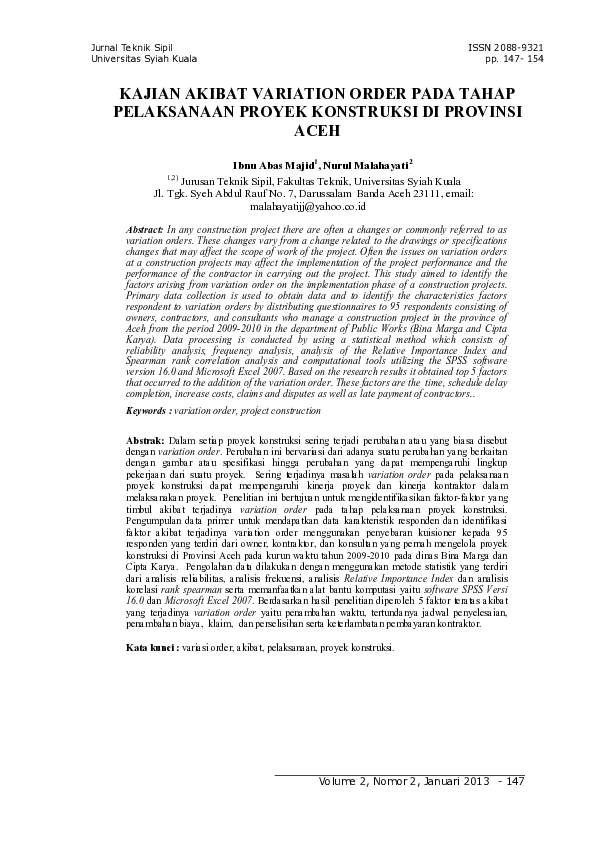 (PDF) Kajian Akibat Variation Order Pada Tahap Pelaksanaan Proyek Konstruksi DI Provinsi Aceh