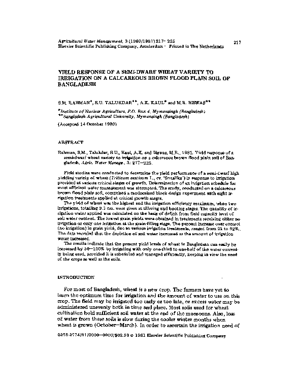 (PDF) Yield response of a semi-dwarf wheat variety to irrigation on a ...