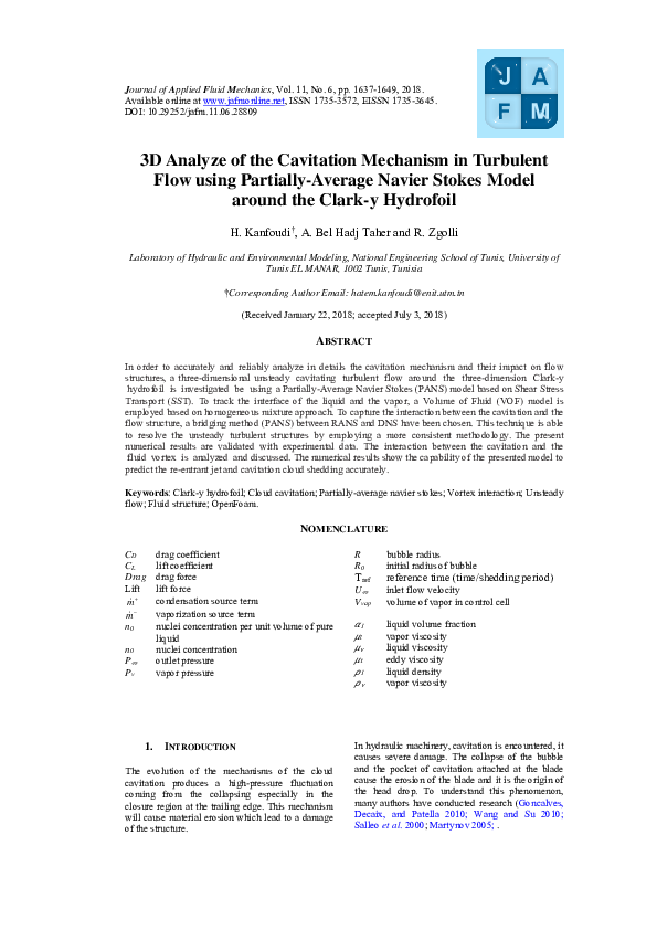 (PDF) 3D Analyze of the Cavitation Mechanism in Turbulent Flow using Partially-Average Navier ...