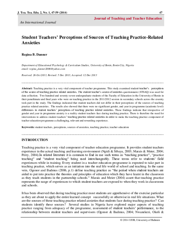 (PDF) Student Teachers’ Perceptions of Sources of Teaching Practice-Related Anxieties