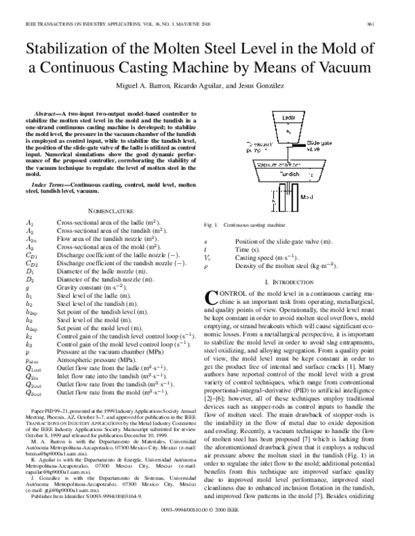 (PDF) Stabilization of the molten steel level in the mold of a continuous casting machine by ...