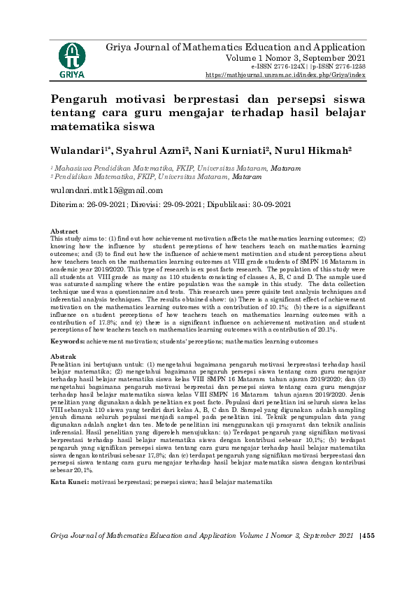 (PDF) Pengaruh Motivasi Berprestasi dan Persepsi Siswa Tentang Cara Guru Mengajar Terhadap Hasil ...