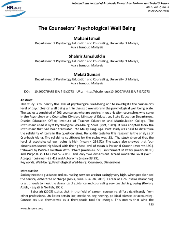 (PDF) The Counselors’ Psychological Well Being