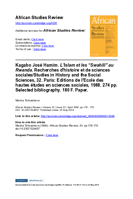 (PDF) L'Islam et les "Swahili" au Rwanda