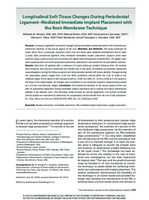 (PDF) Longitudinal Soft Tissue Changes During Periodontal Ligament–Mediated Immediate Implant ...