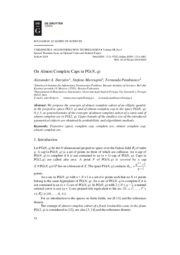 (PDF) On Almost Complete Caps in PG(N, q)