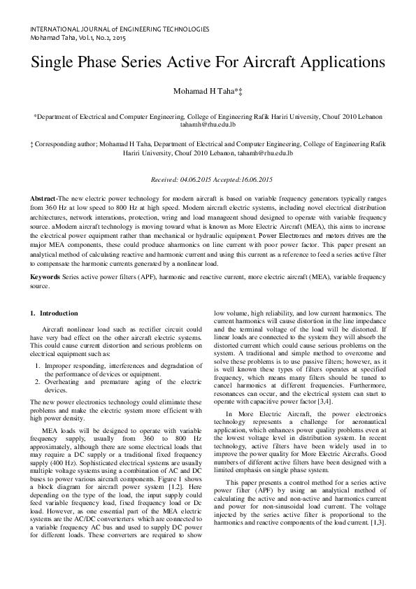 (PDF) Single phase series active filter load compensation for aircraft applications