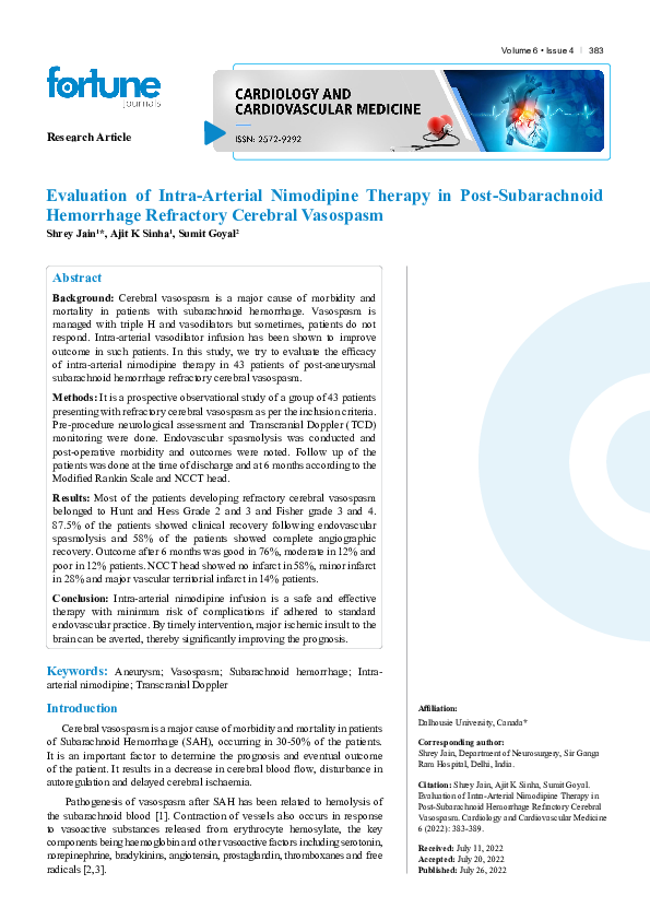 (PDF) Evaluation of Intra-Arterial Nimodipine Therapy in Post-Subarachnoid Hemorrhage Refractory ...