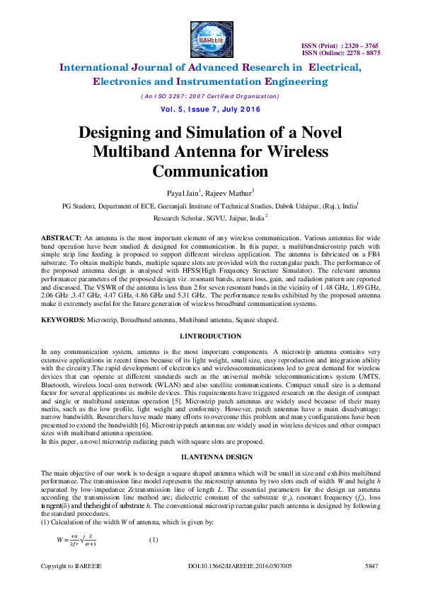 (PDF) Designing and Simulation of a Novel Multiband Antenna for Wireless Communication