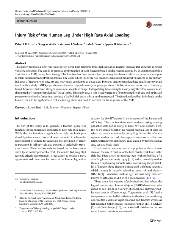 (PDF) Injury Risk of the Human Leg Under High Rate Axial Loading