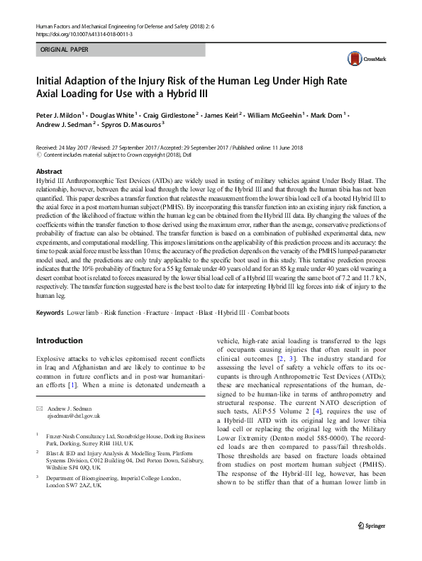 (PDF) Initial Adaption of the Injury Risk of the Human Leg Under High ...