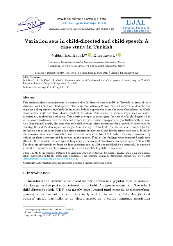 (PDF) Variation sets in child-directed and child speech: A case study in Turkish | vildan kavak ...