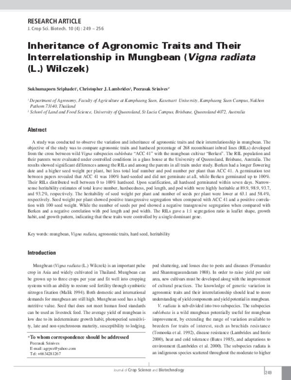 (PDF) Inheritance of Agronomic Traits and Their Interrelationship in ...