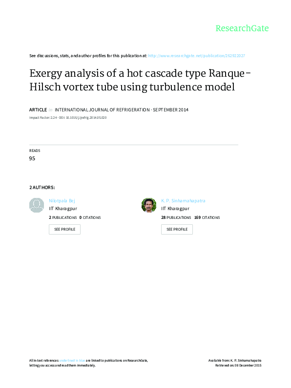(PDF) Exergy analysis of a hot cascade type Ranque-Hilsch vortex tube using turbulence model ...