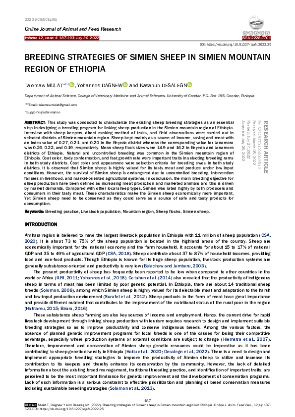 (PDF) BREEDING STRATEGIES OF SIMIEN SHEEP IN SIMIEN MOUNTAIN REGION OF ...