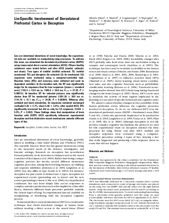 (PDF) Lie-Specific Involvement of Dorsolateral Prefrontal Cortex in Deception