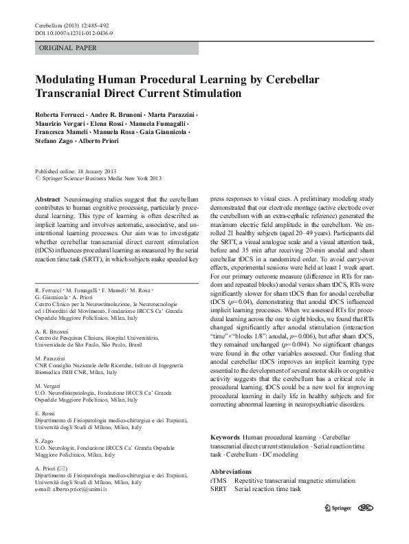 (PDF) Modulating Human Procedural Learning by Cerebellar Transcranial ...