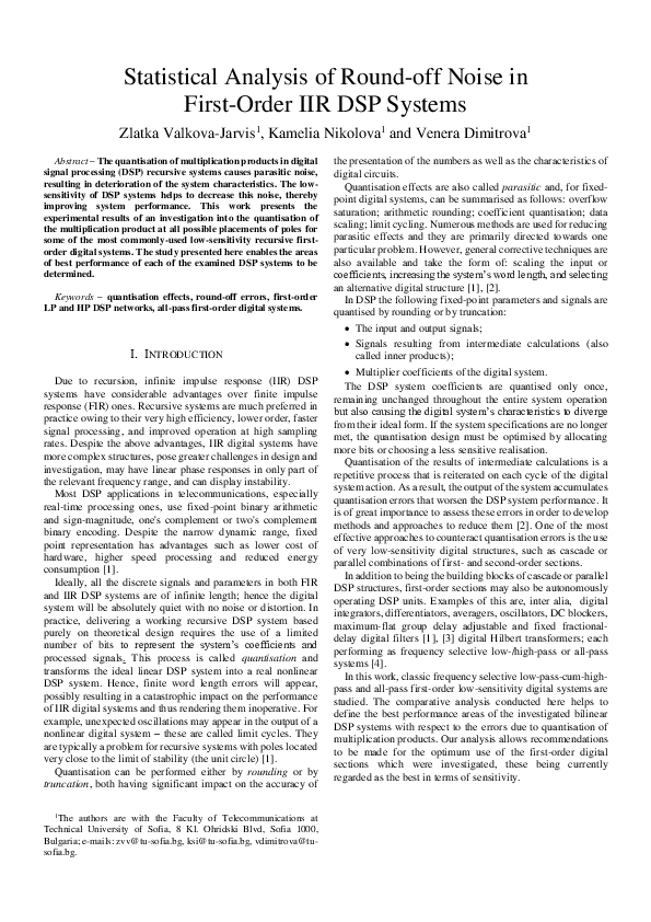 (PDF) Statistical Analysis of Round-off Noise in First-Order IIR DSP Systems