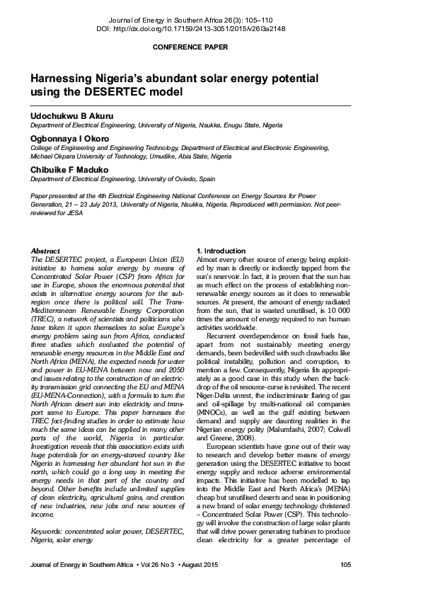 (PDF) Harnessing Nigeria’s abundant solar energy potential using the DESERTEC model