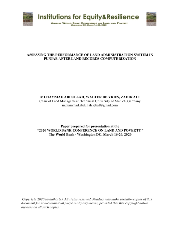 (PDF) ASSESSING THE PERFORMANCE OF LAND ADMINISTRATION SYSTEM IN PUNJAB ...