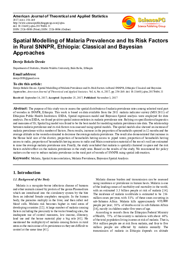 (PDF) Spatial Modelling of Malaria Prevalence and Its Risk Factors in Rural SNNPR, Ethiopia ...