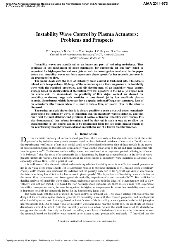 (PDF) Instability Wave Control by Plasma Actuators: Problems and ...