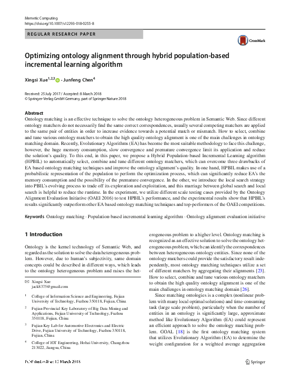 (PDF) Optimizing ontology alignment through hybrid population-based incremental learning algorithm