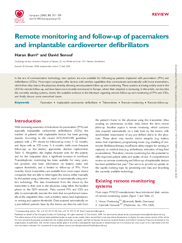 (PDF) Remote monitoring and follow-up of pacemakers and implantable ...