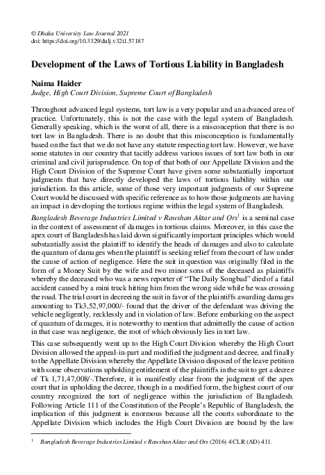(PDF) Development of the Laws of Tortious Liability in Bangladesh