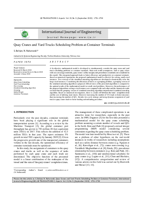 (PDF) Quay Cranes and Yard Trucks Scheduling Problem at Container Terminals