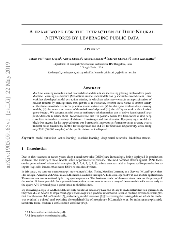 (PDF) A framework for the extraction of Deep Neural Networks by leveraging public data | Yash ...