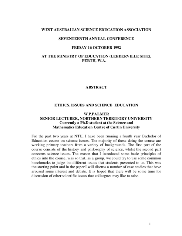 (PDF) ETHICS, ISSUES AND SCIENCE EDUCATION