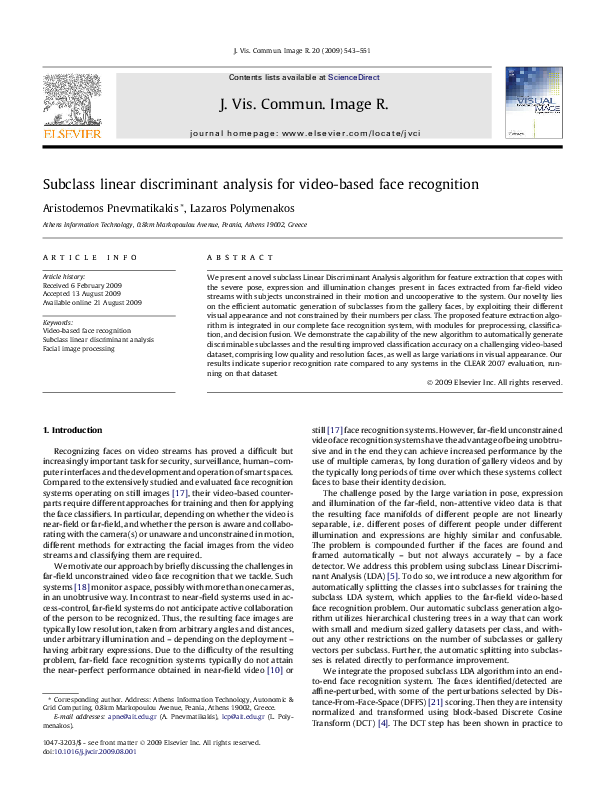 Pdf Subclass Linear Discriminant Analysis For Video Based Face Recognition