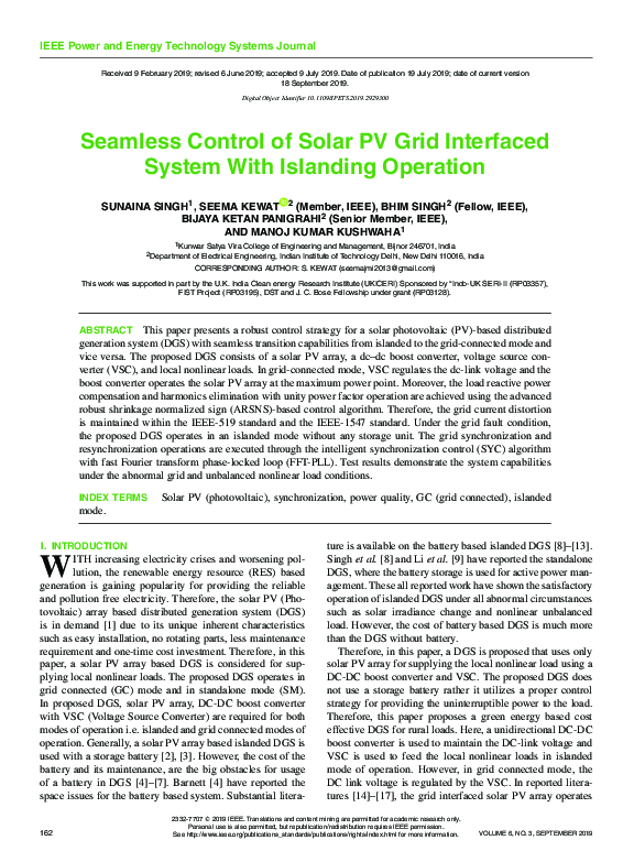 (PDF) Seamless Control of Solar PV Grid Interfaced System With Islanding Operation