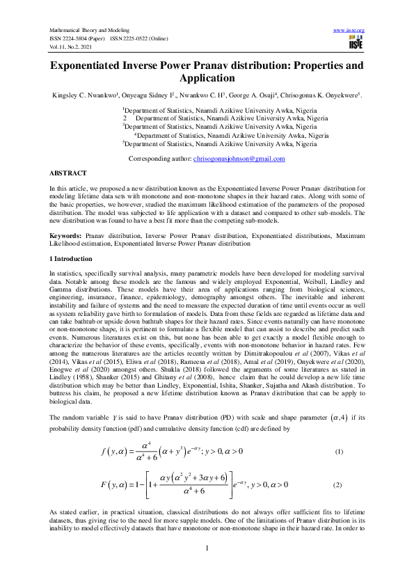 (PDF) Exponentiated Inverse Power Pranav distribution: Properties and Application