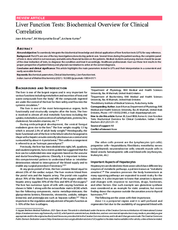 (PDF) Liver Function Tests: Biochemical Overview for Clinical ...