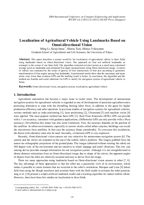 (PDF) Localization of agricultural vehicle using landmarks based on omni-directional vision