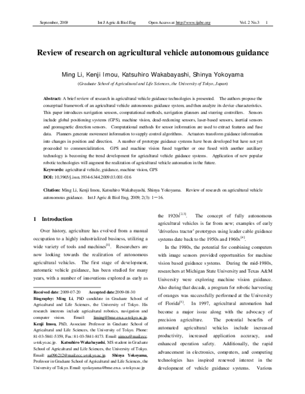 (PDF) Review of research on agricultural vehicle autonomous guidance